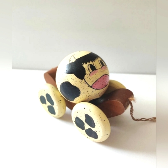 Other | Vintage Wooden Cow Rolly Polly Ball And Brown Cart Pull Toy ...
